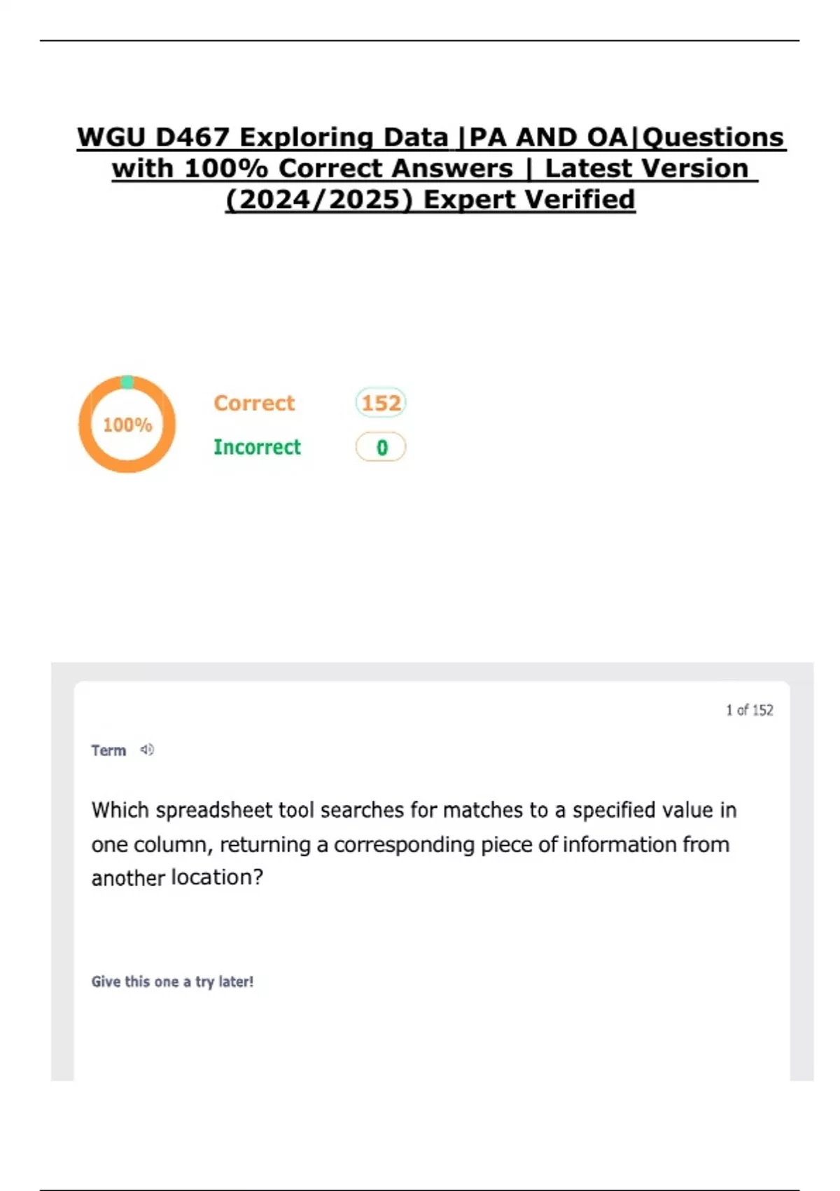 WGU D467 Exploring Data |PA AND OA| Questions with 100% Correct Answers ...
