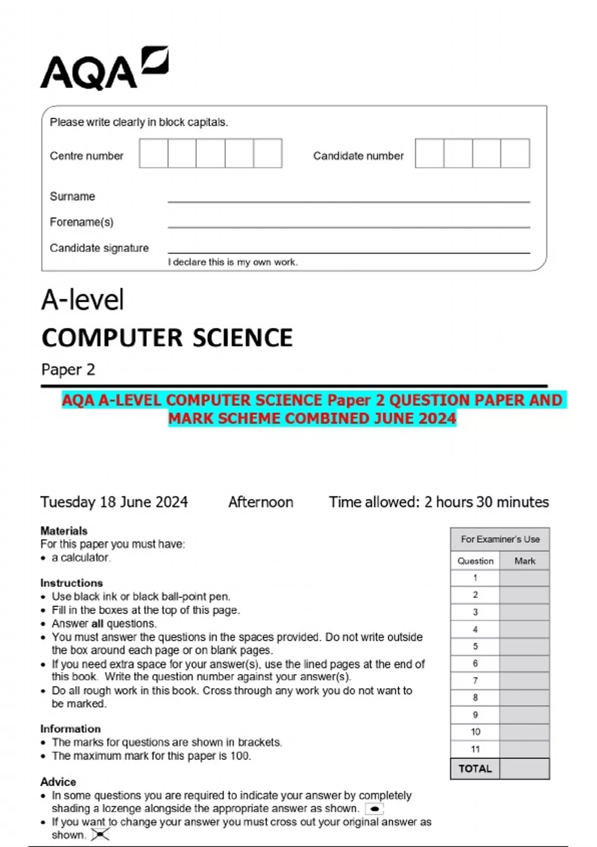 AQA A-LEVEL COMPUTER SCIENCE Paper 2 QUESTION PAPER AND MARK SCHEME COMBINED JUNE 2024 - AQA ...