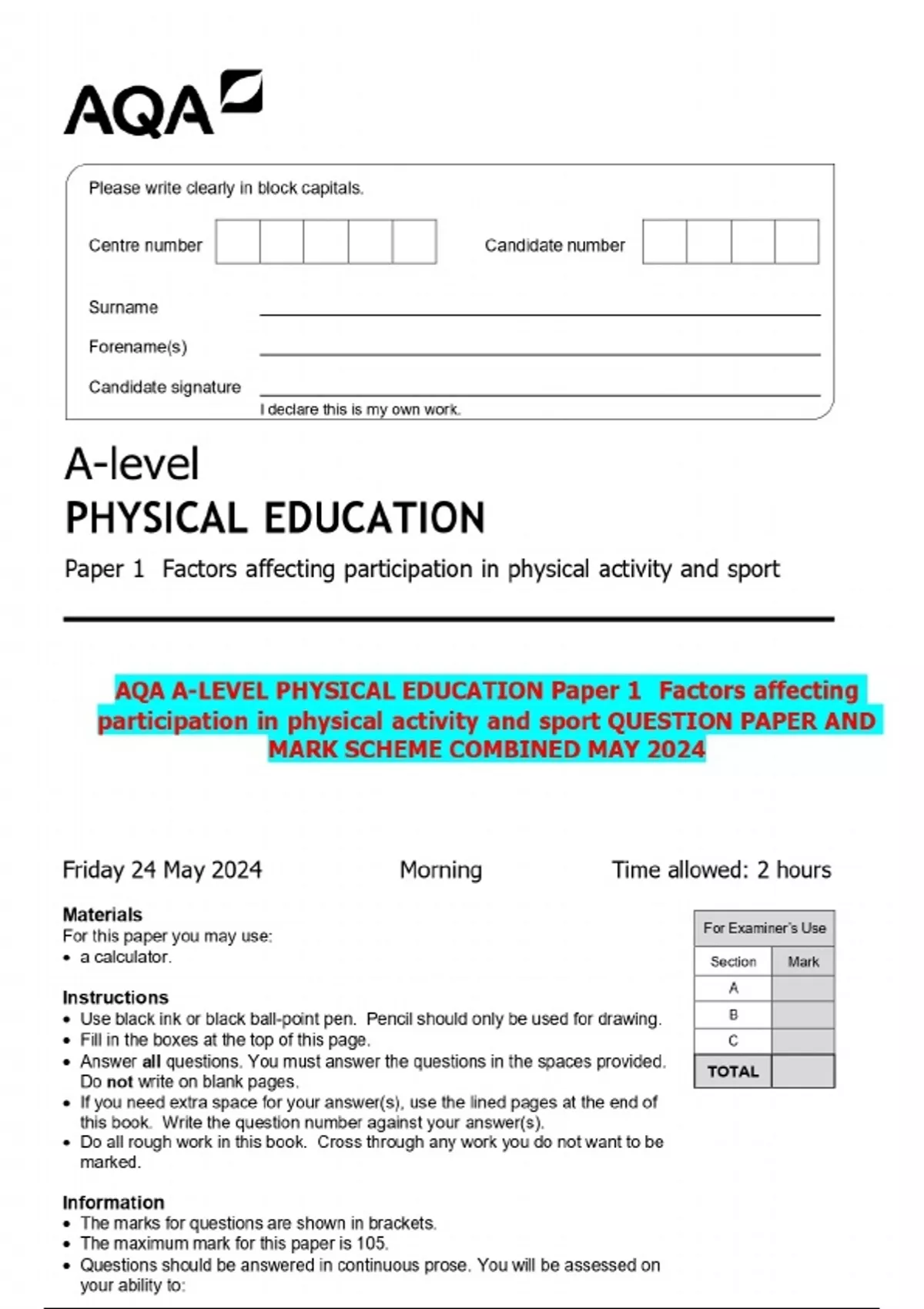 AQA A-LEVEL PHYSICAL EDUCATION Paper 1 Factors affecting participation ...