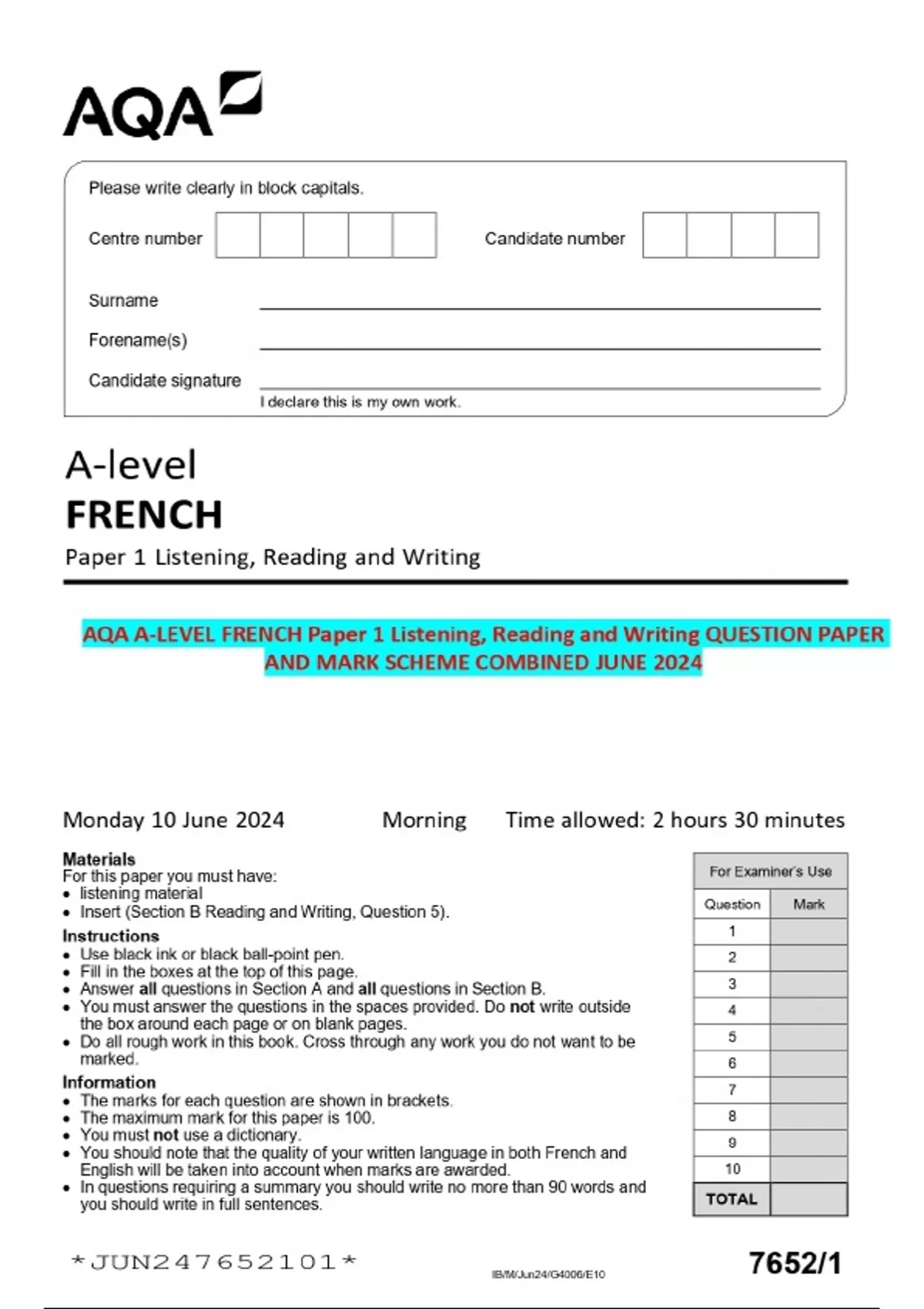 AQA A-LEVEL FRENCH Paper 1 Listening, Reading and Writing QUESTION ...