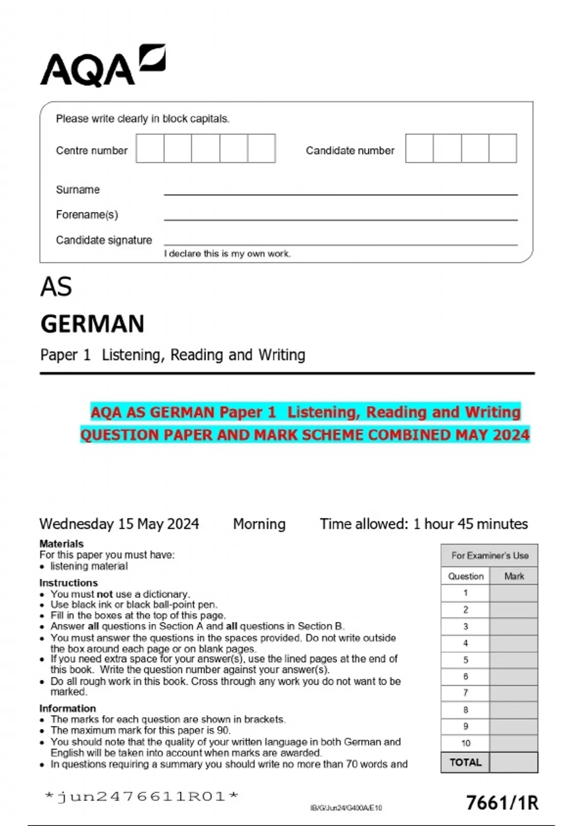 AQA AS GERMAN Paper 1 Listening, Reading and Writing QUESTION PAPER AND ...