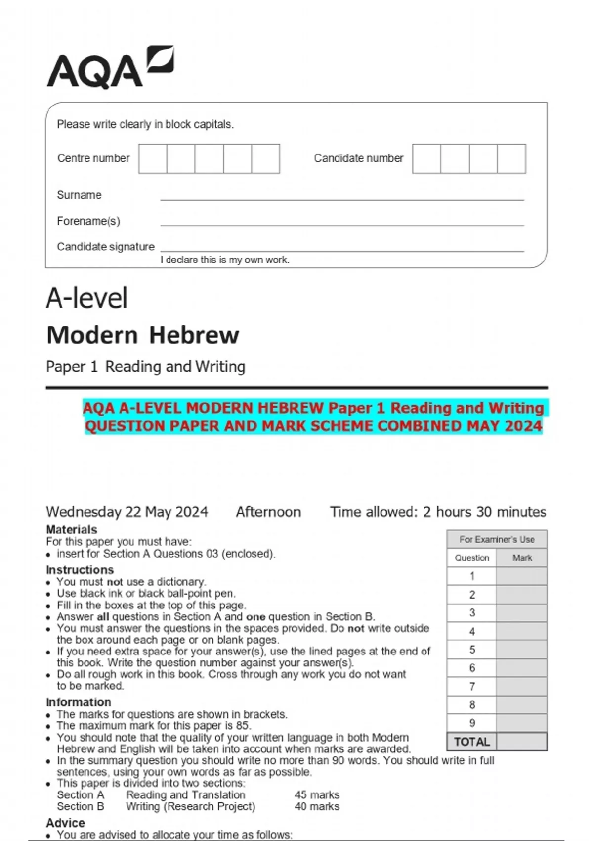 AQA A-LEVEL MODERN HEBREW Paper 1 Reading and Writing QUESTION PAPER ...