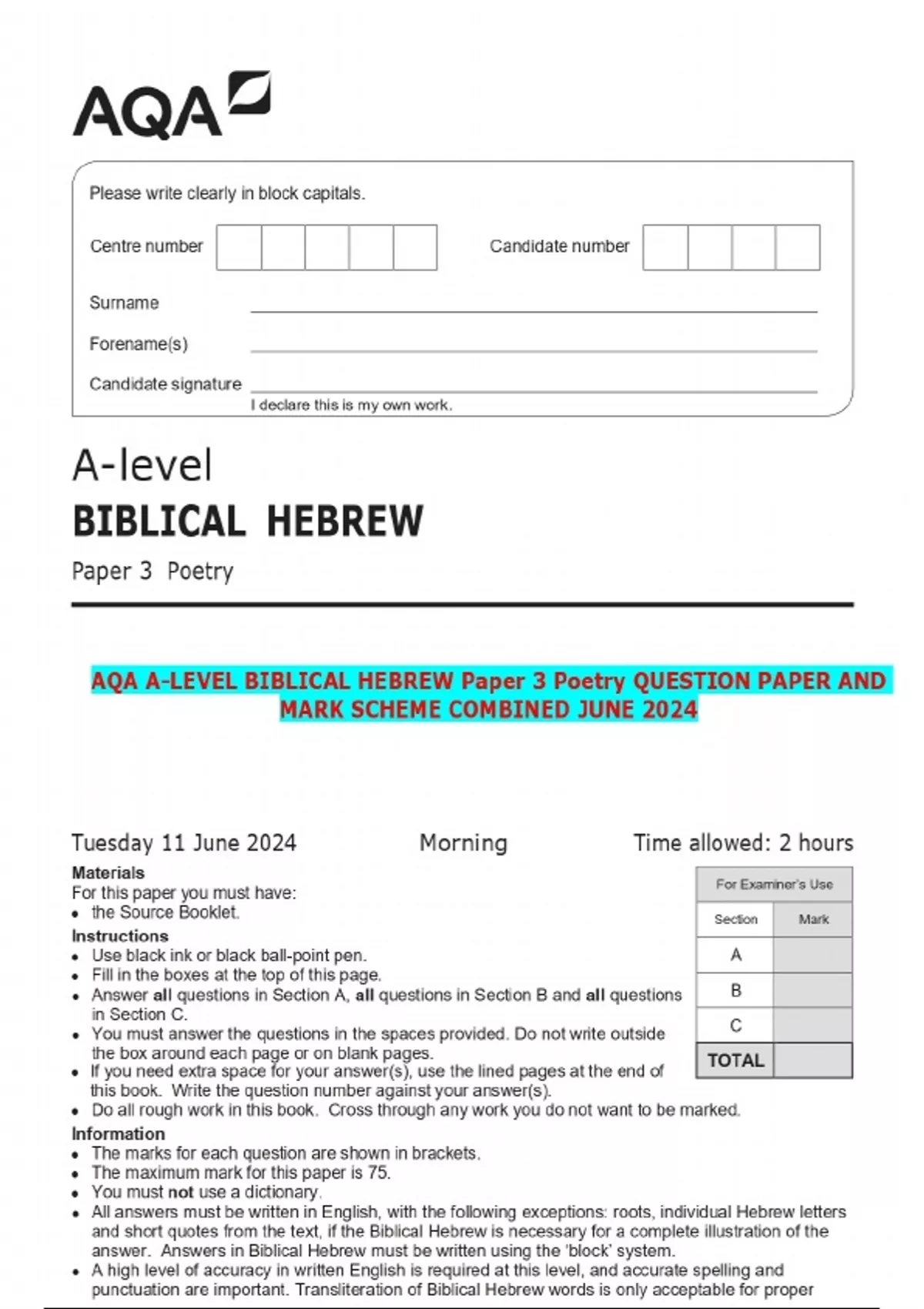 AQA A-LEVEL BIBLICAL HEBREW Paper 3 Poetry QUESTION PAPER AND MARK ...