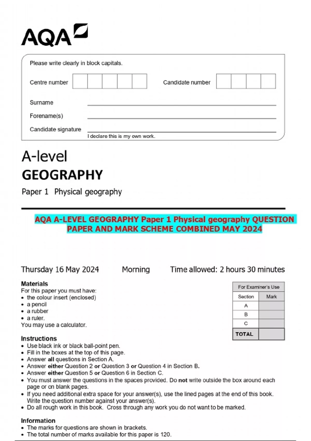 AQA A-LEVEL GEOGRAPHY Paper 1 Physical geography QUESTION PAPER AND ...