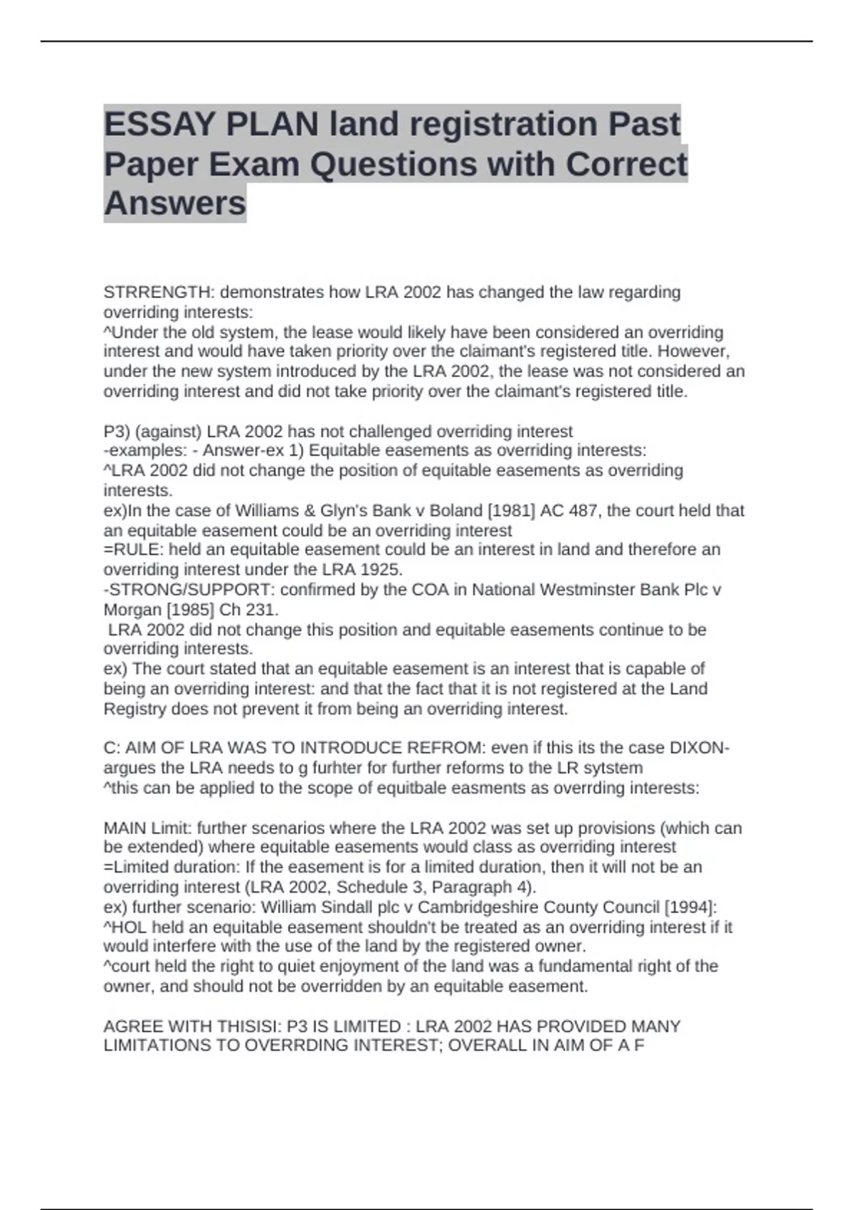 ESSAY PLAN land registration Past Paper Exam Questions with Correct ...