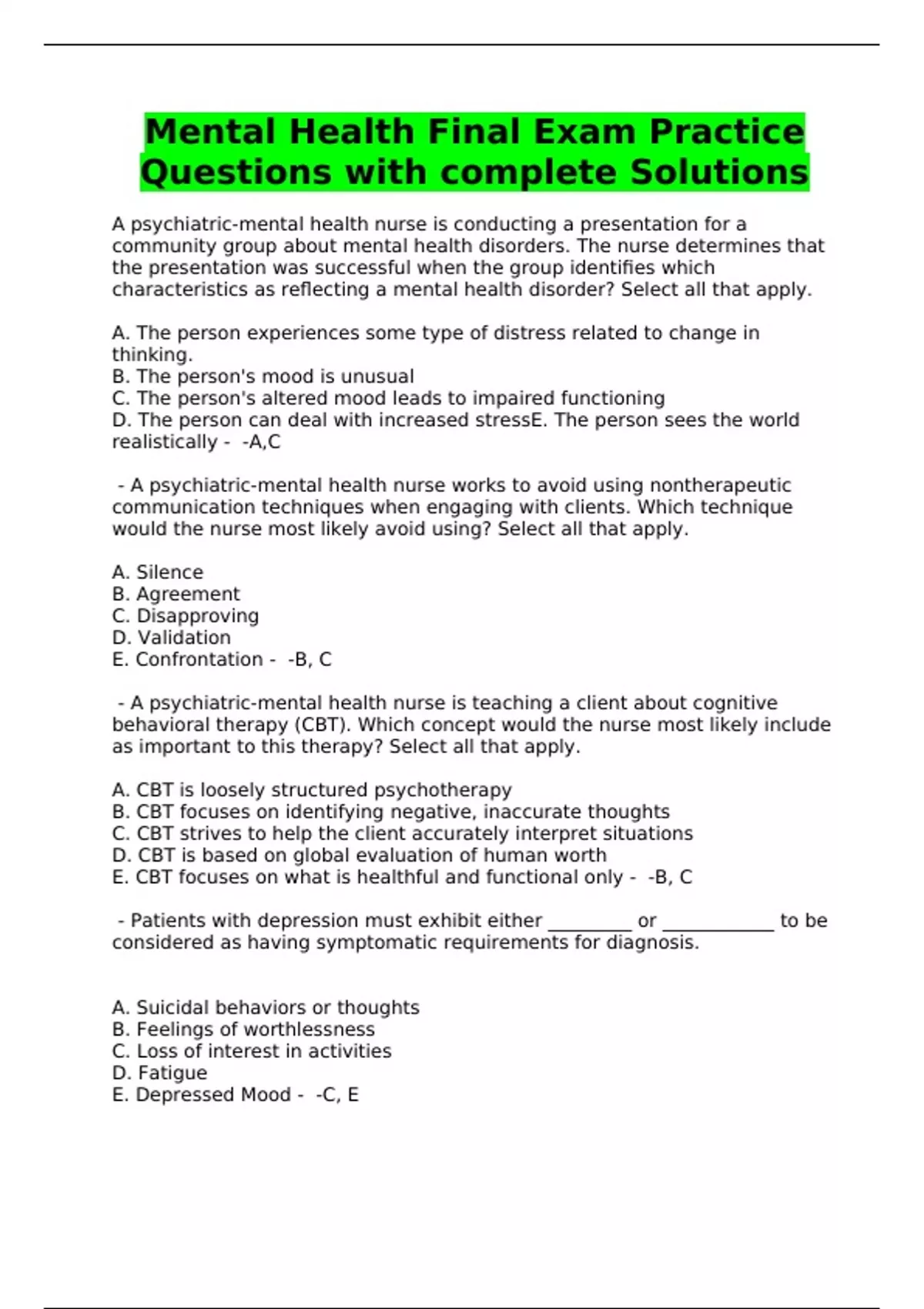 Mental Health Final Exam Practice Questions with complete Solutions - Mental Health Final Exam ...