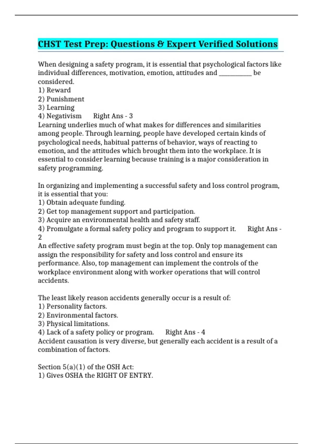 CHST Test Prep: Questions & Expert Verified Solutions - CHST - Stuvia US