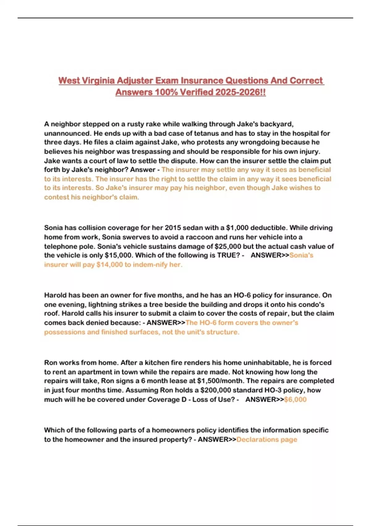 West Virginia Adjuster Exam Insurance Questions And Correct Answers 100 ...