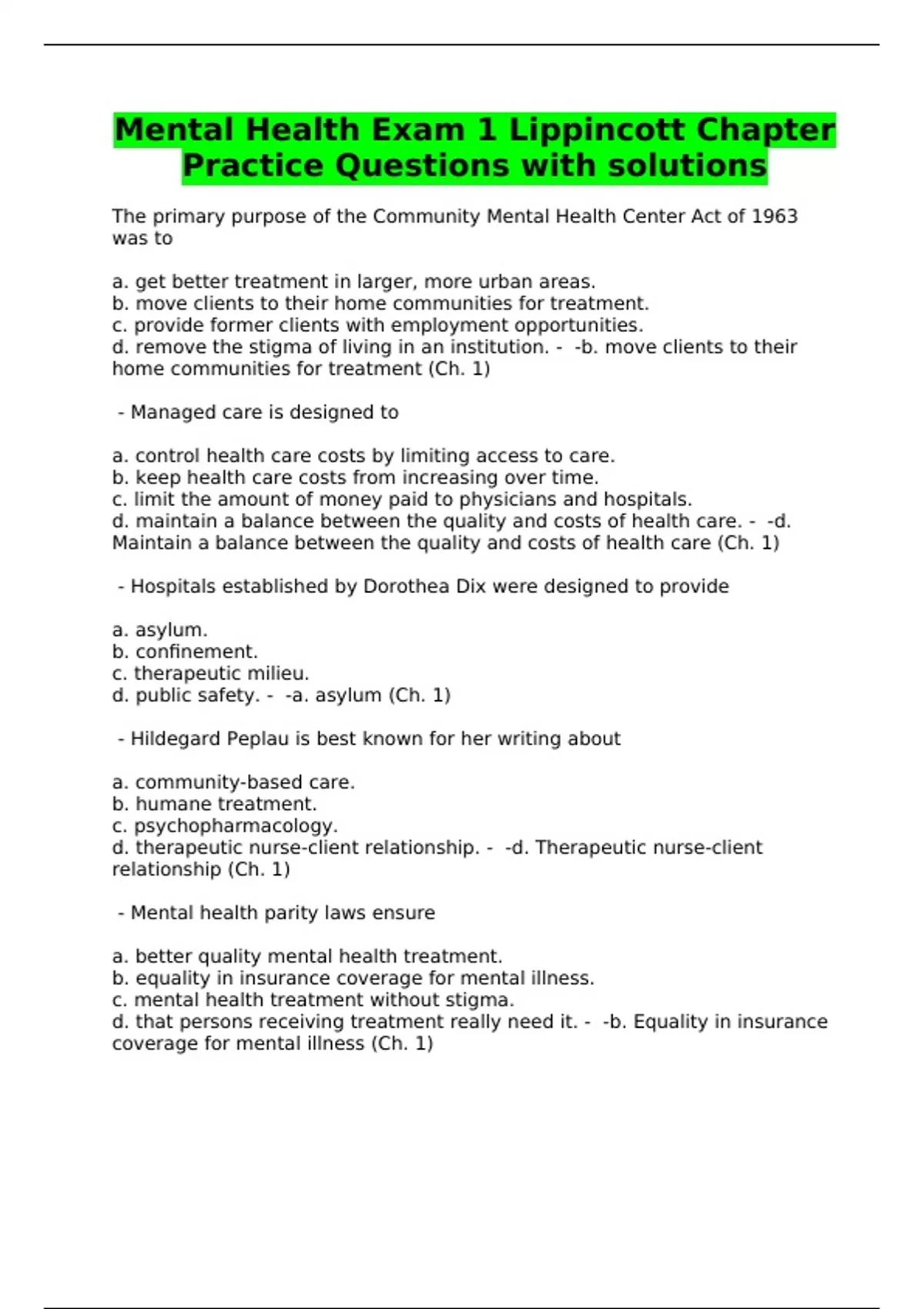 Mental Health Exam 1 Lippincott Chapter Practice Questions with ...