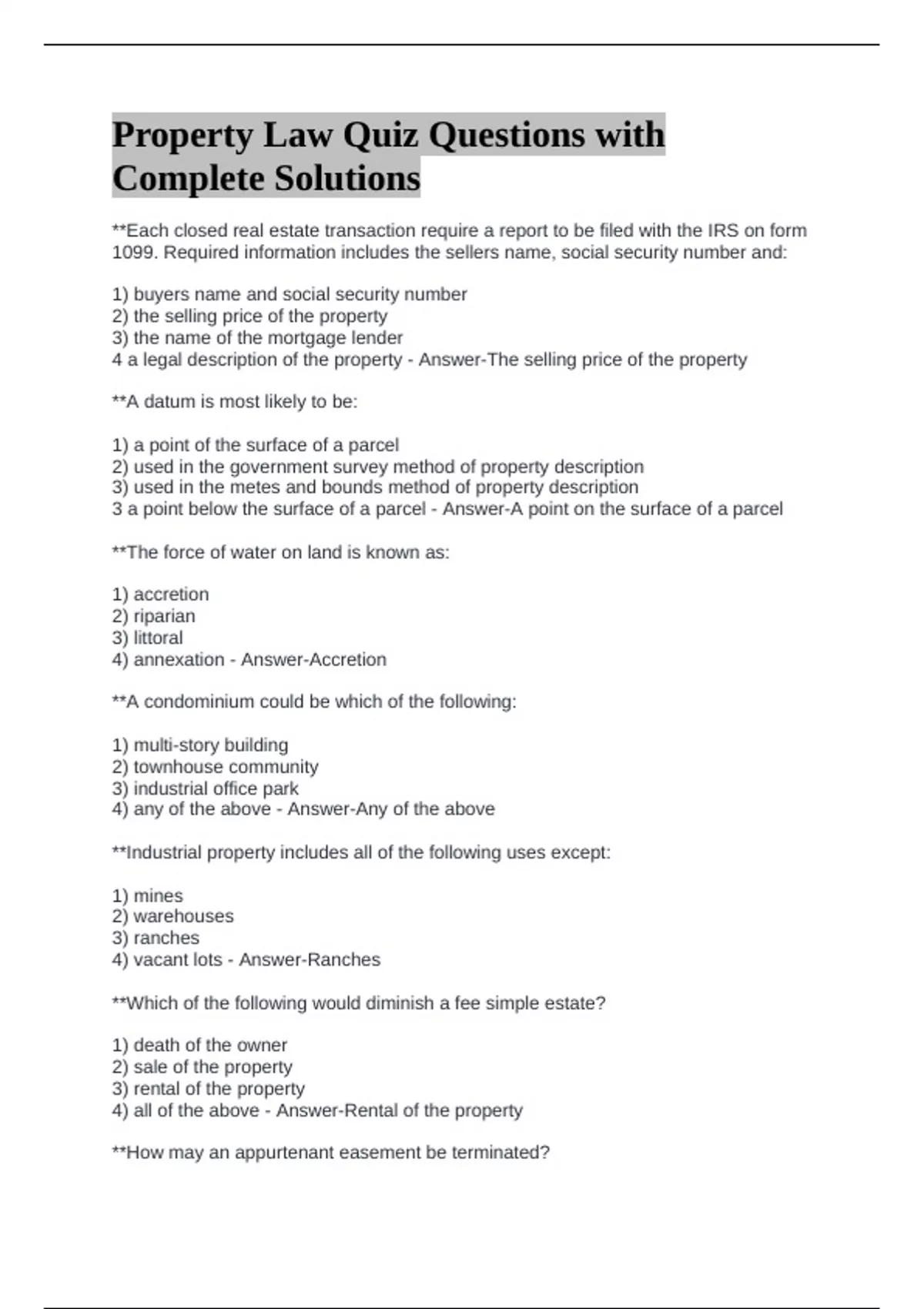 Property Law Quiz Questions with Complete Solutions - Modern Land Law ...