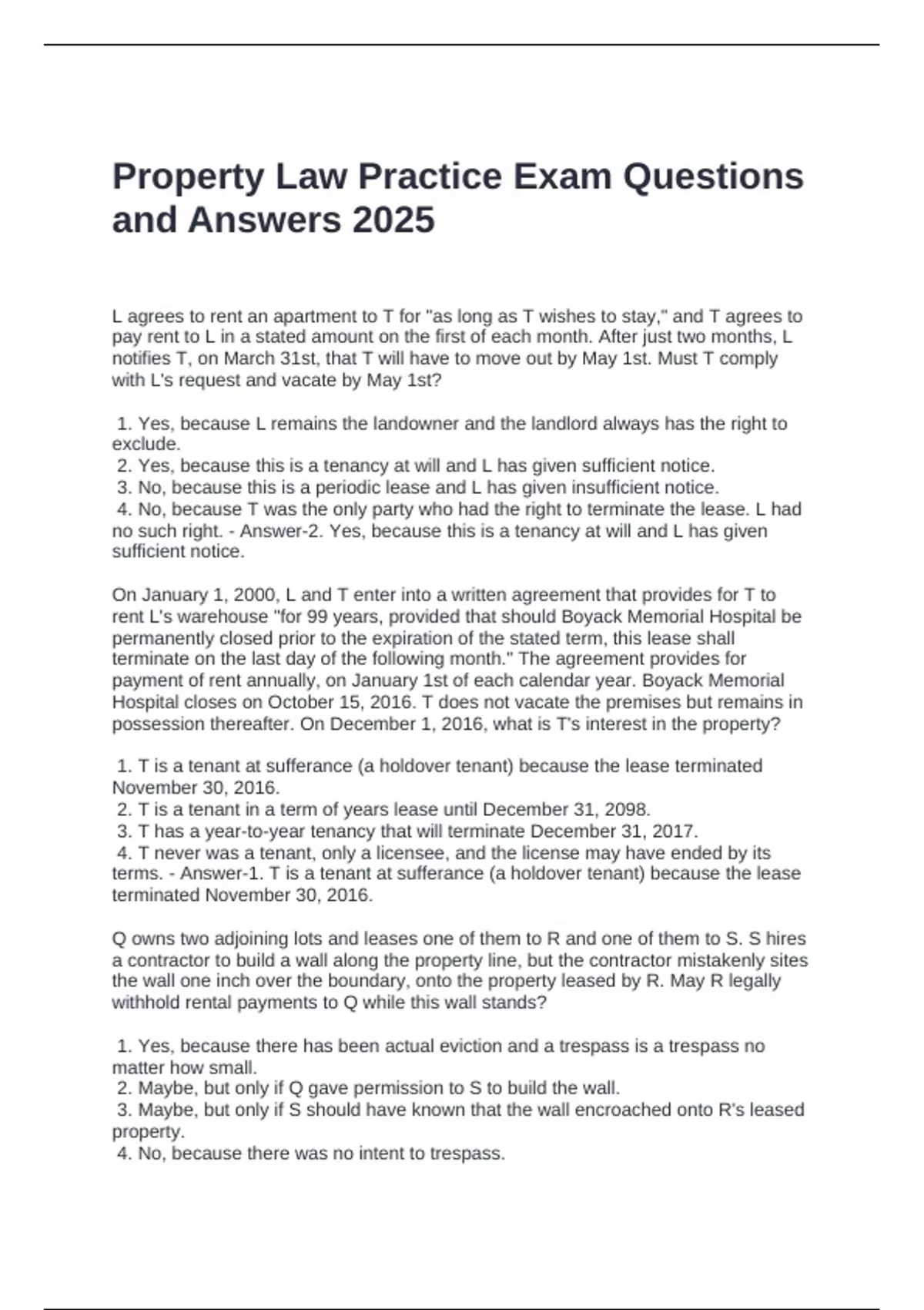 Property Law Practice Exam Questions and Answers 2025 - Modern Land Law ...