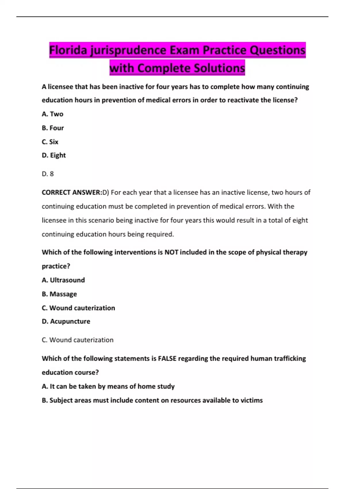 Florida jurisprudence Exam Practice Questions with Complete Solutions ...