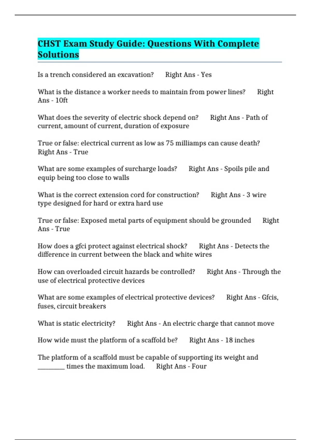 CHST Exam Study Guide: Questions With Complete Solutions - CHST - Stuvia US