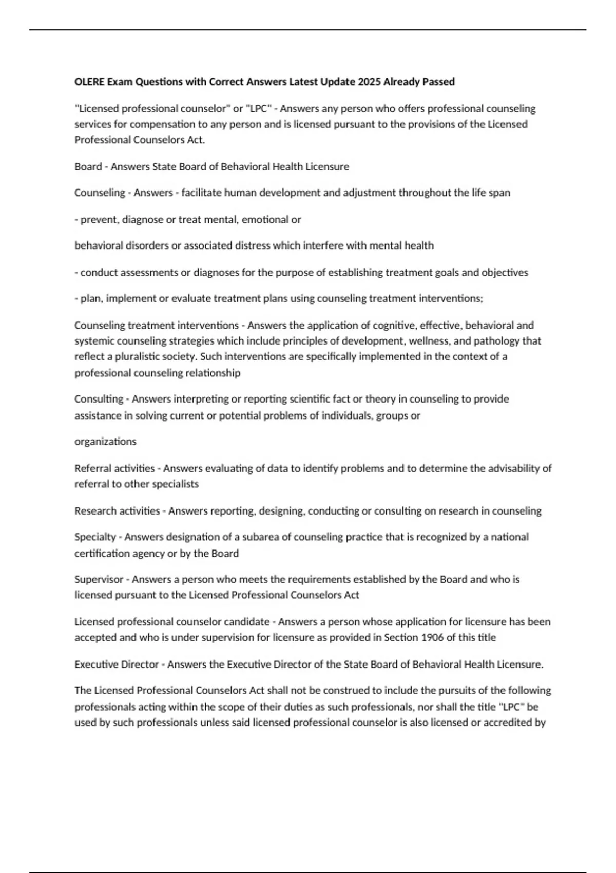 OLERE Exam Questions with Correct Answers Latest Update 2025 Already ...