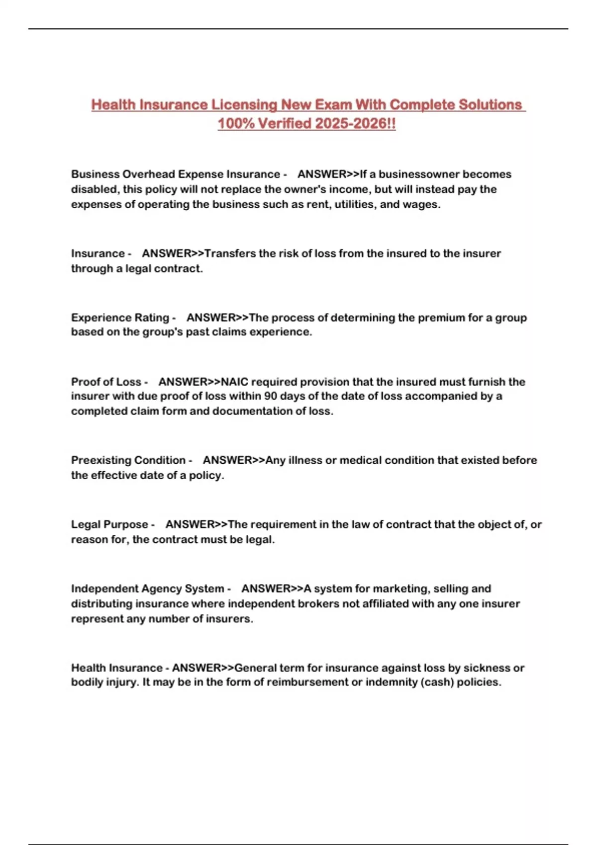 Health Insurance Licensing New Exam With Complete Solutions 100% ...