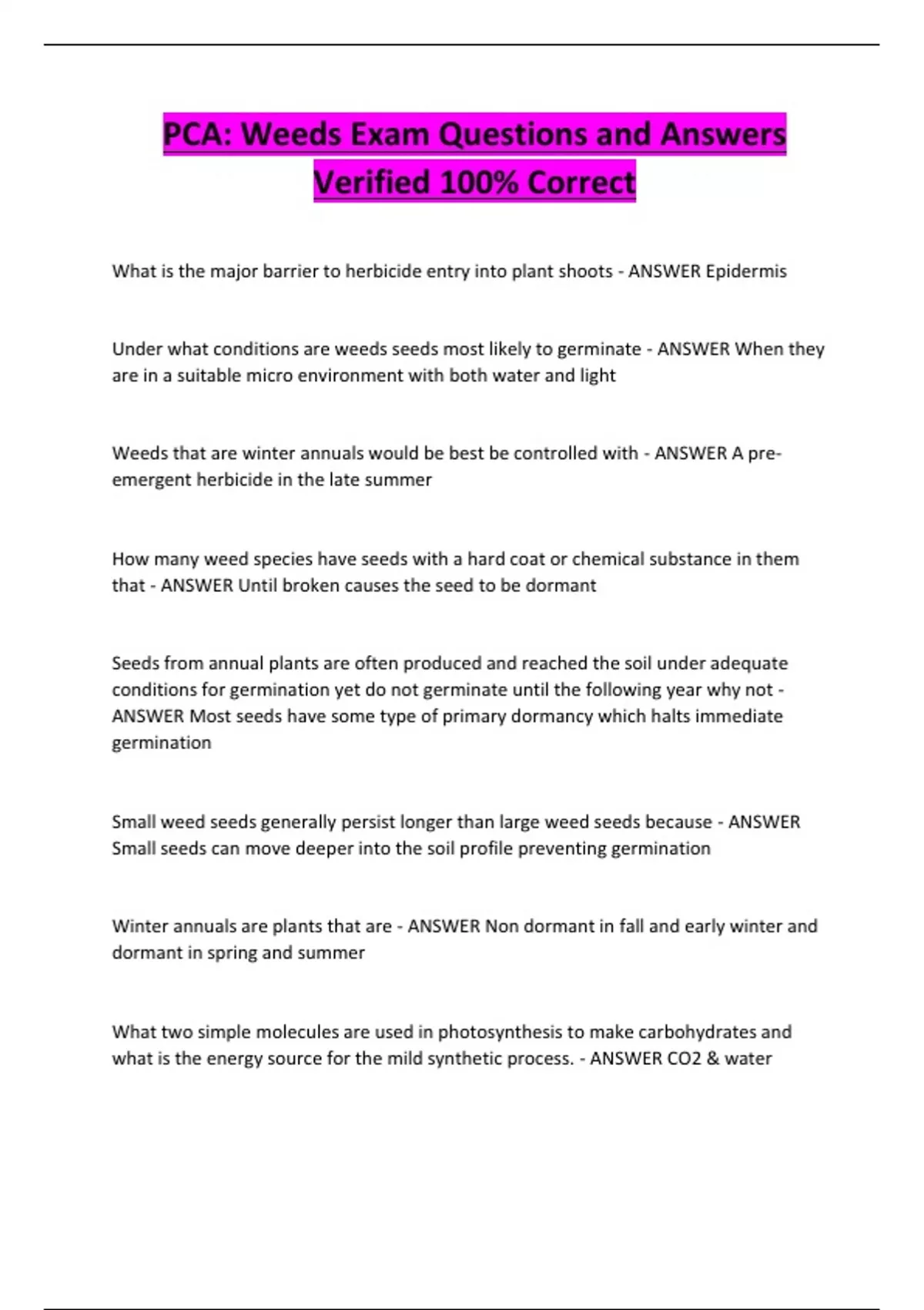 PCA: Weeds Exam Questions and Answers Verified 100% Correc - PCA Weeds ...