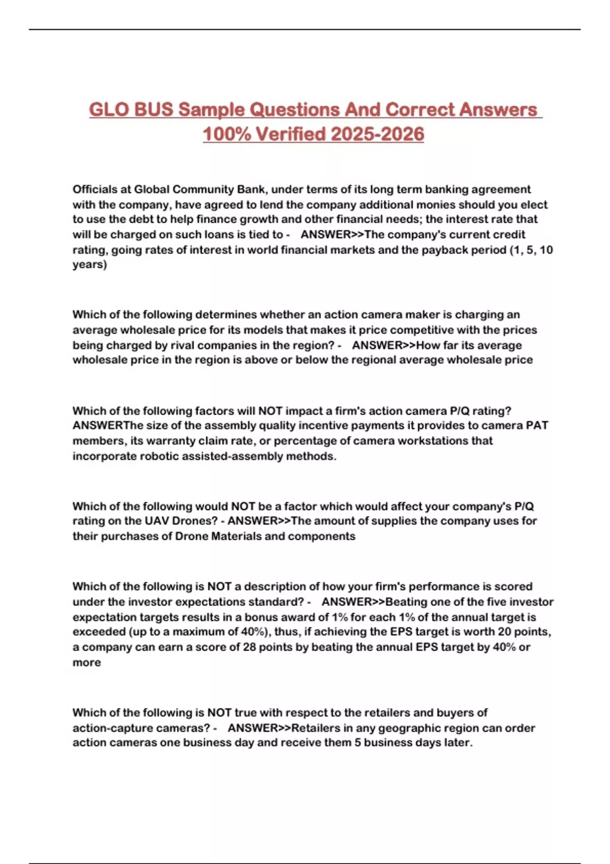 GLO BUS Sample Questions And Correct Answers 100% Verified - GLO BUS ...