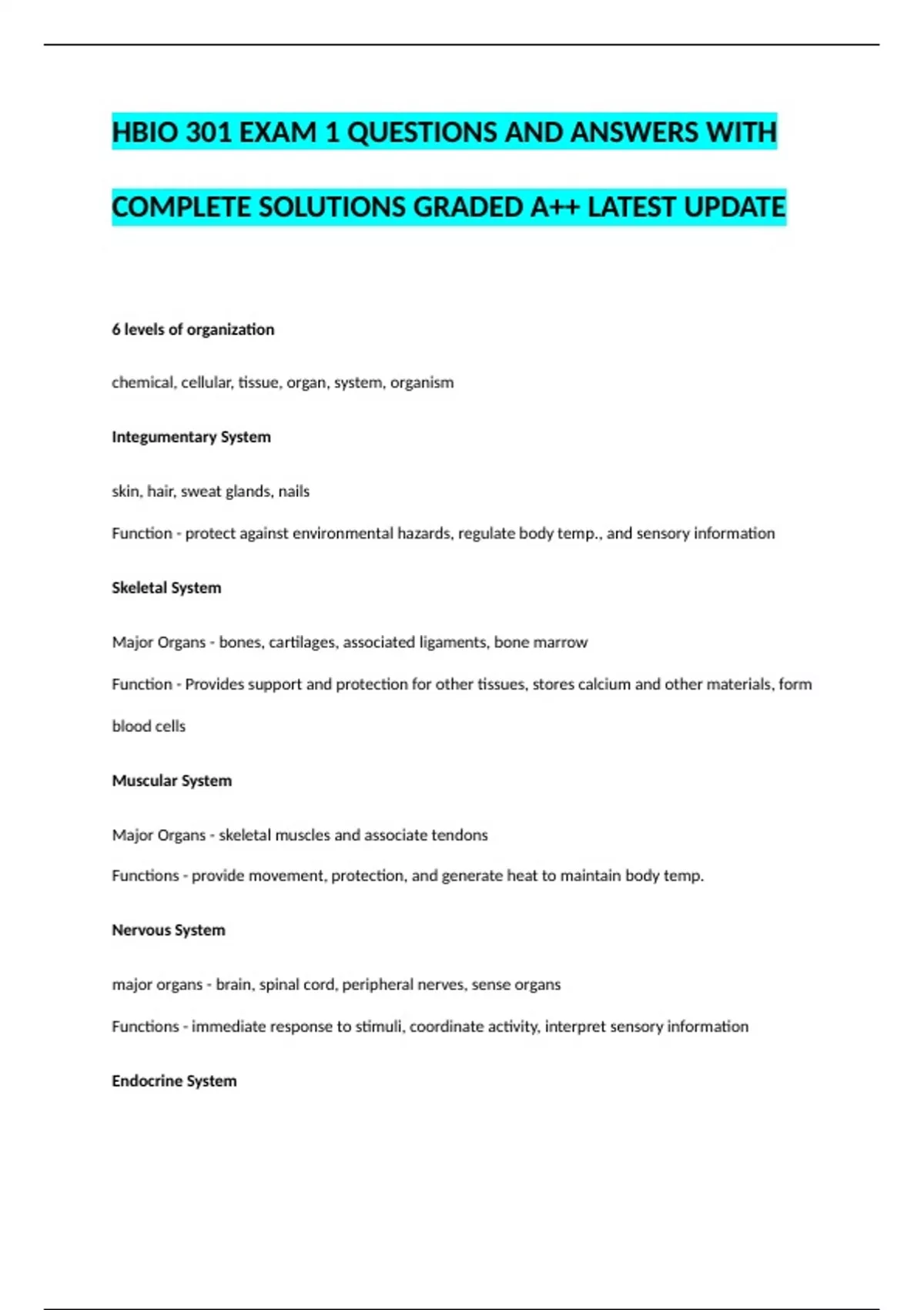 HBIO 301 EXAM 1 QUESTIONS AND ANSWERS WITH COMPLETE SOLUTIONS GRADED ...