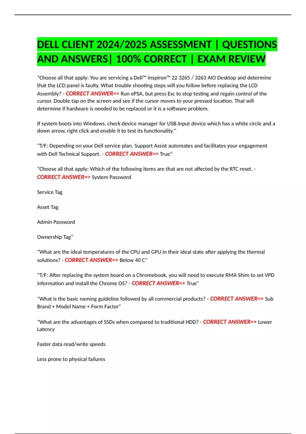 DELL CLIENT 2024/2025 ASSESSMENT | QUESTIONS AND ANSWERS| 100% CORRECT ...