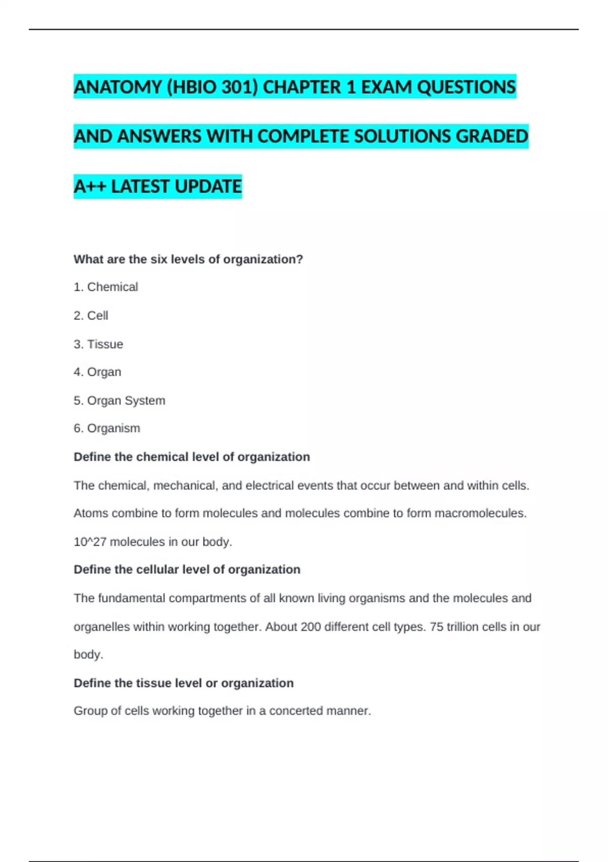 ANATOMY (HBIO 301) CHAPTER 1 EXAM QUESTIONS AND ANSWERS WITH COMPLETE ...