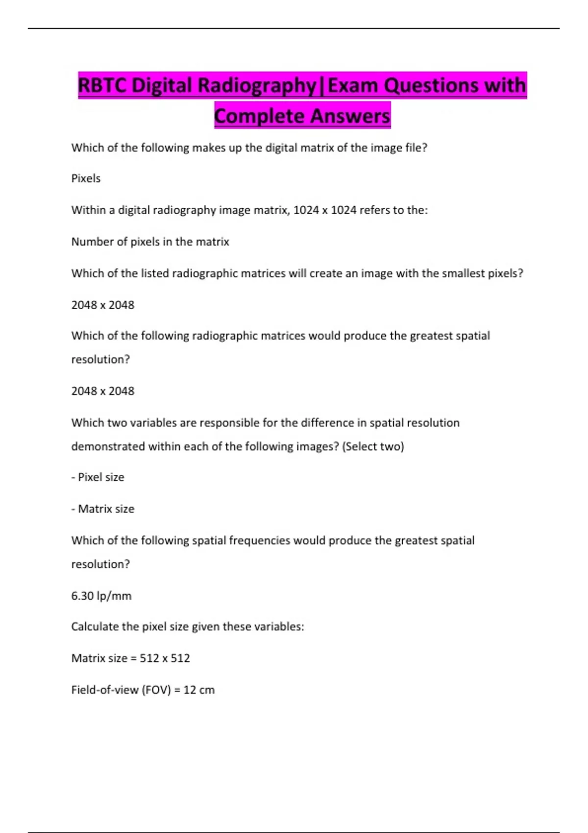 RBTC Digital Radiography|Exam Questions with Complete Answers - RBTC ...