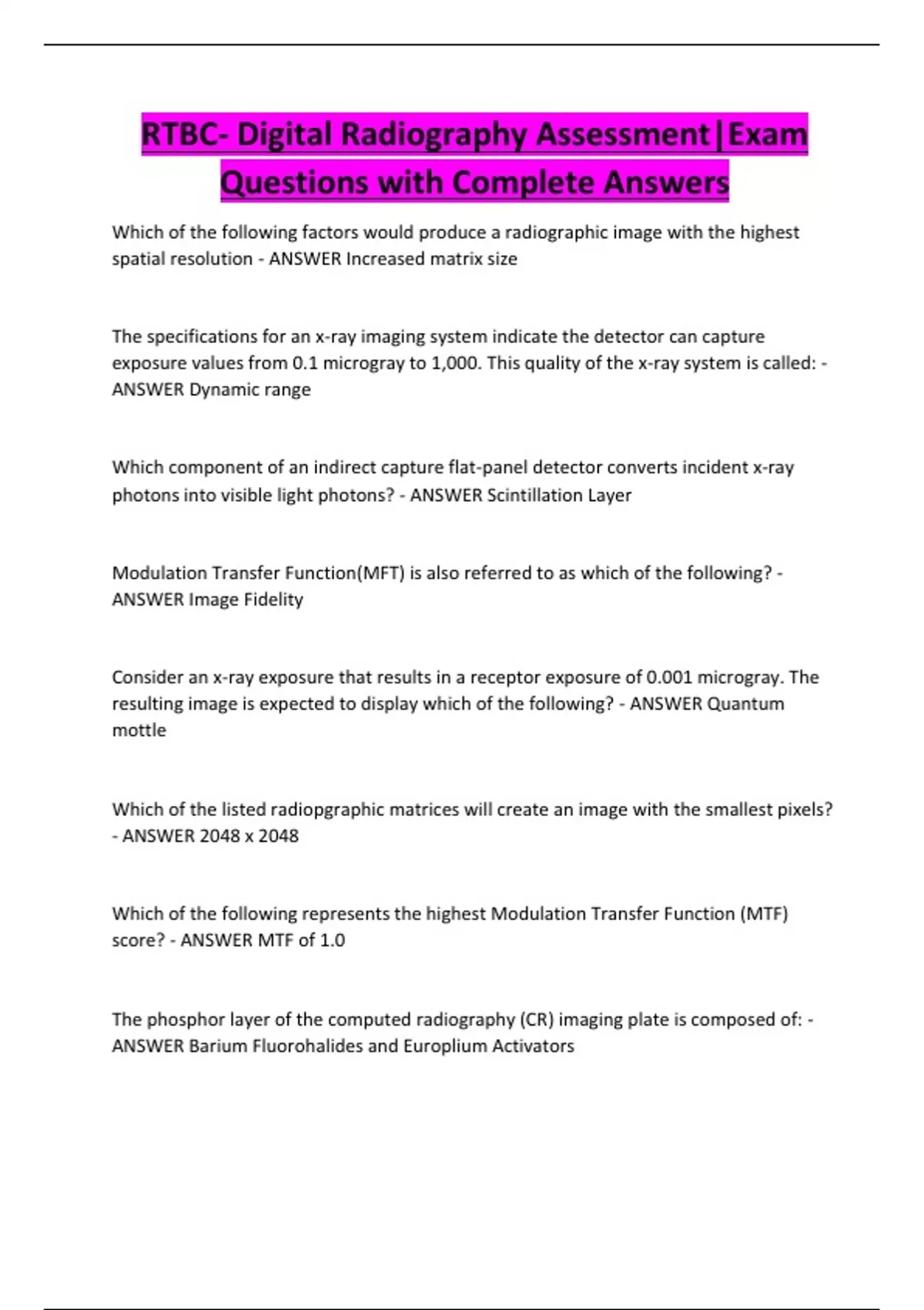 RTBC- Digital Radiography Assessment|Exam Questions with Complete ...