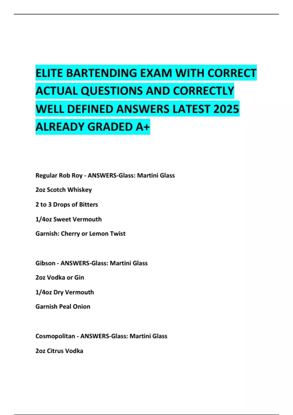 ELITE BARTENDING EXAM WITH CORRECT ACTUAL QUESTIONS AND CORRECTLY WELL ...