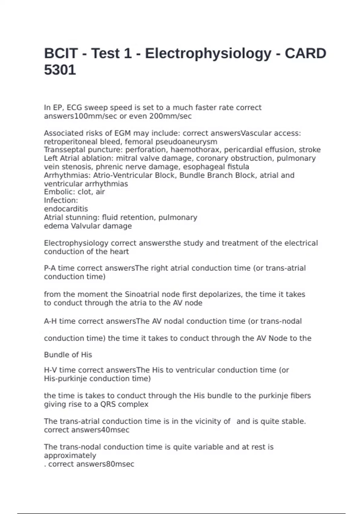 BCIT - Test 1 - Electrophysiology - CARD 5301 exam with 100% correct ...