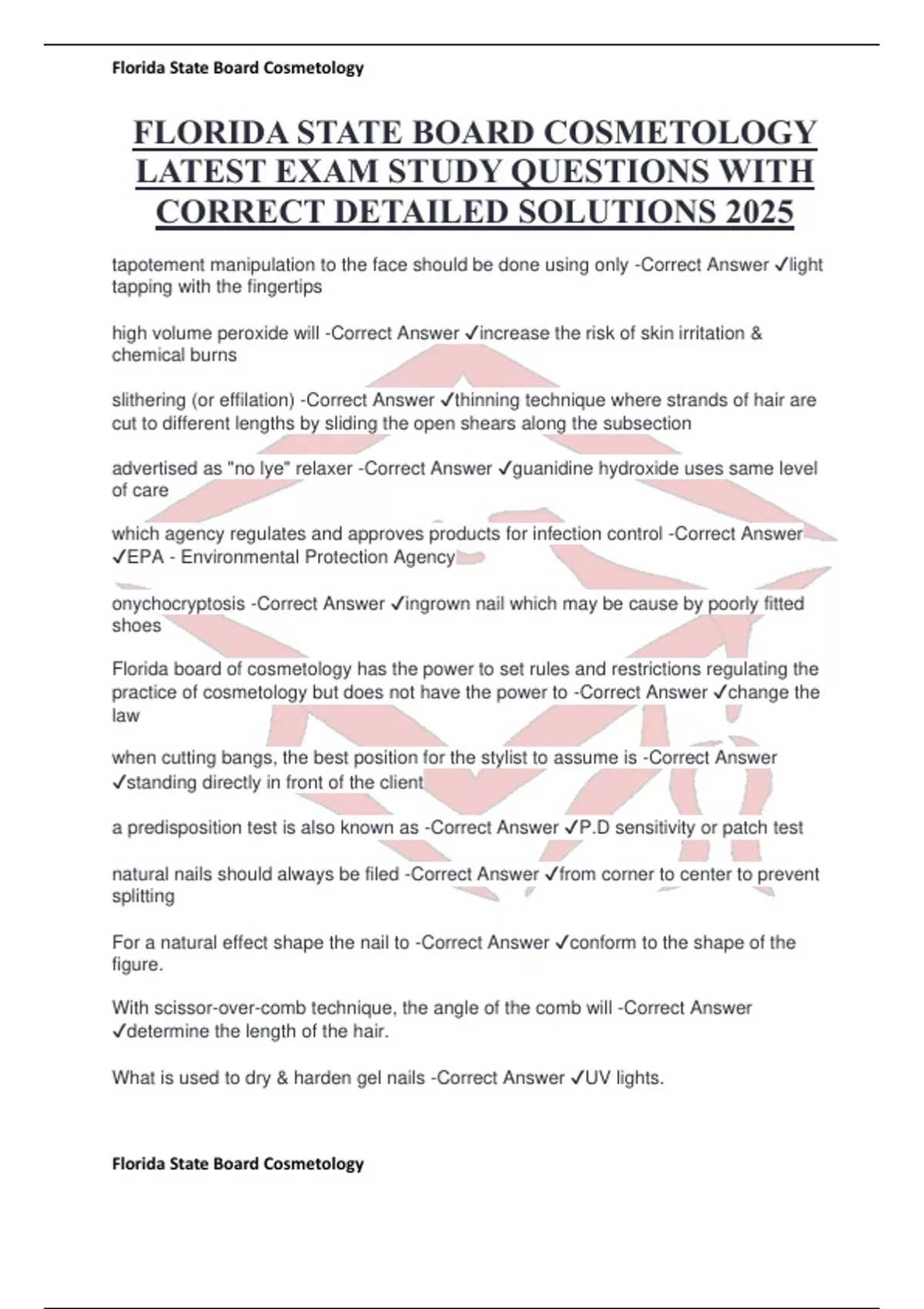 FLORIDA STATE BOARD COSMETOLOGY LATEST EXAM STUDY QUESTIONS WITH ...