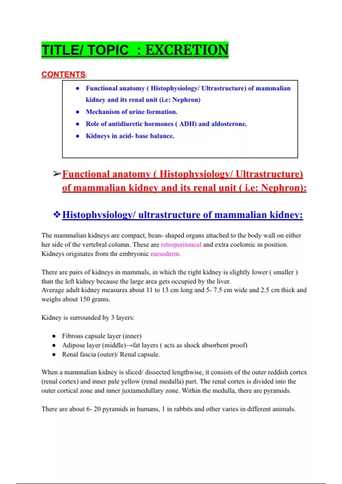 Excretion in animals ( Histophysiology of kidney, it's ultrastructure ...