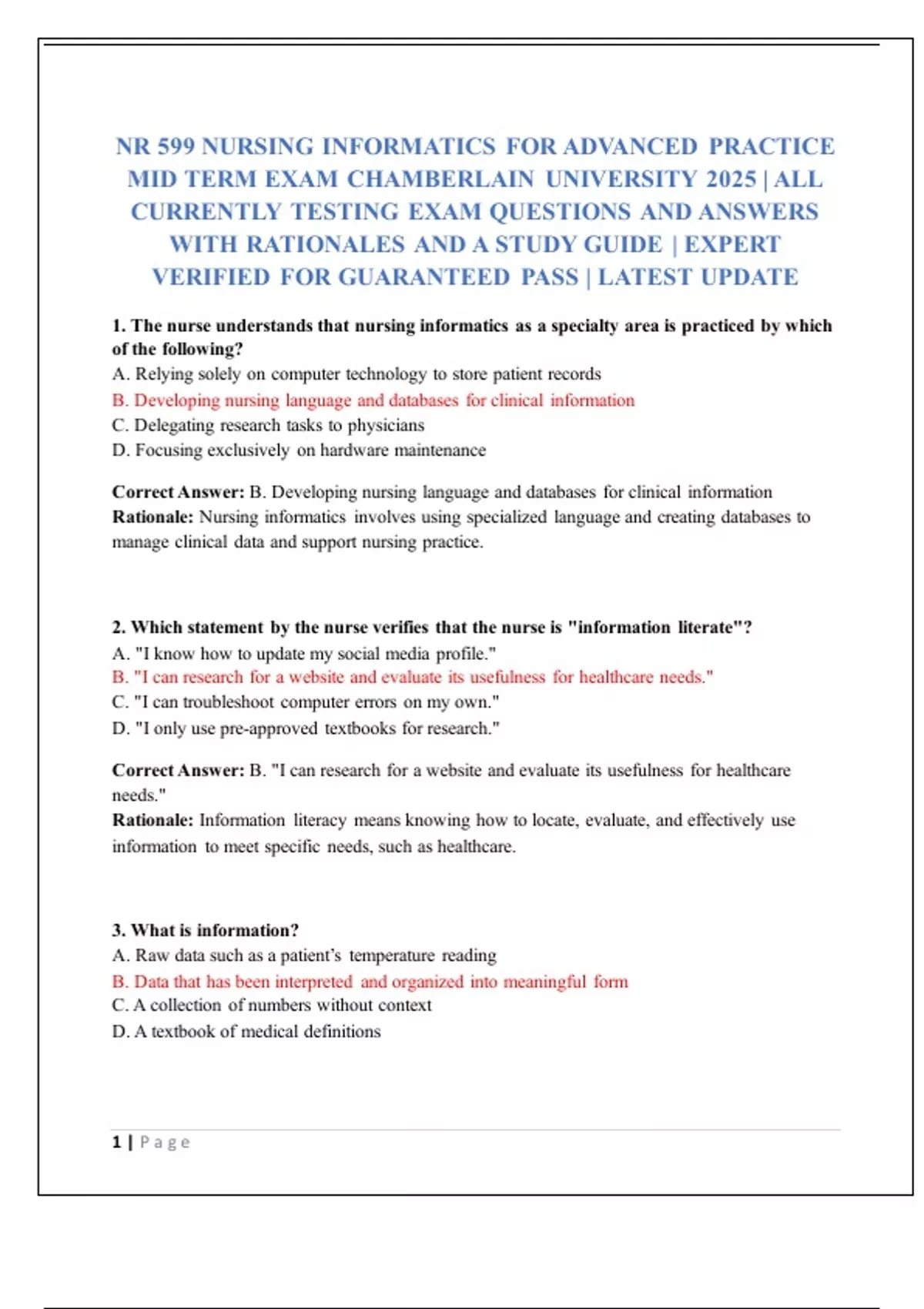 NR 599 NURSING INFORMATICS FOR ADVANCED PRACTICE MID TERM EXAM CHAMBERLAIN UNIVERSITY 2025 | ALL ...