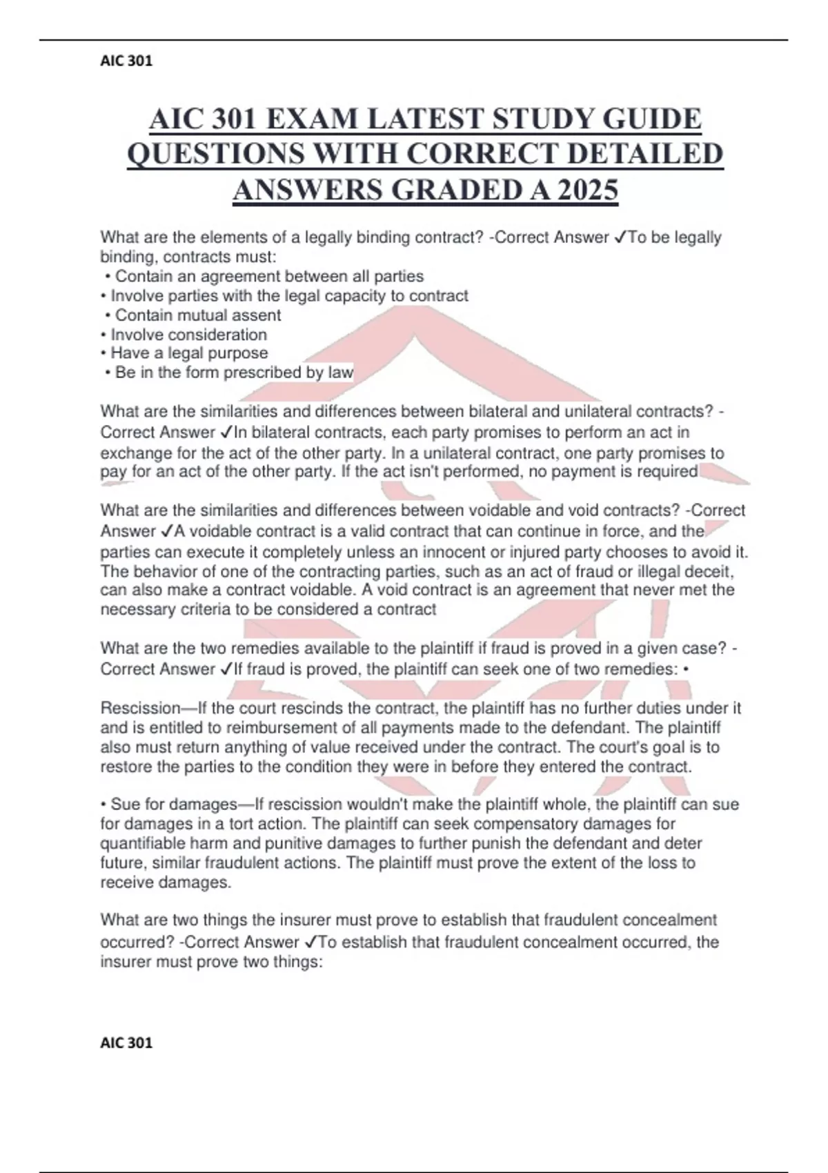 AIC 301 EXAM LATEST STUDY GUIDE QUESTIONS WITH CORRECT DETAILED ANSWERS ...