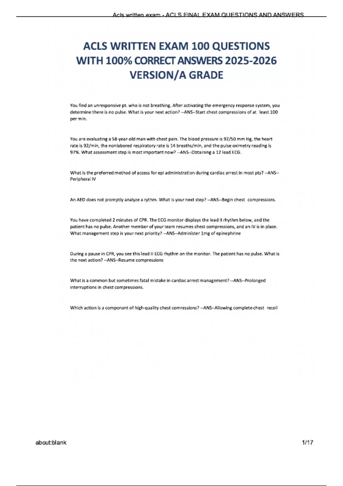 ACLS WRITTEN EXAM 100 QUESTIONS WITH 100% CORRECT ANSWERS VERSION/A ...