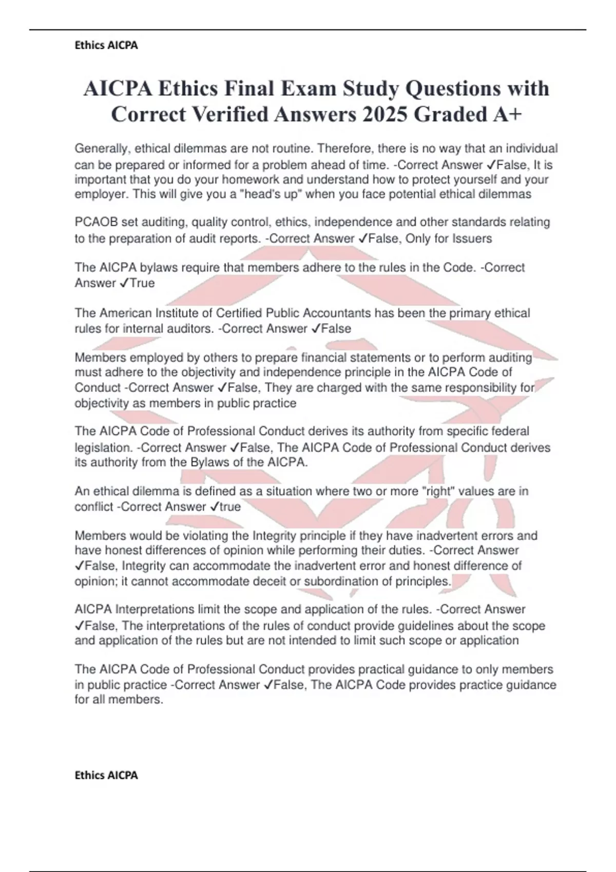 AICPA Ethics Final Exam Study Questions with Correct Verified Answers ...