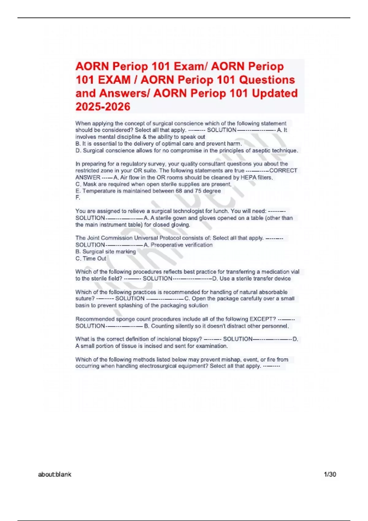 AORN Periop 101 Exam/ AORN Periop 101 EXAM / AORN Periop 101 Questions ...