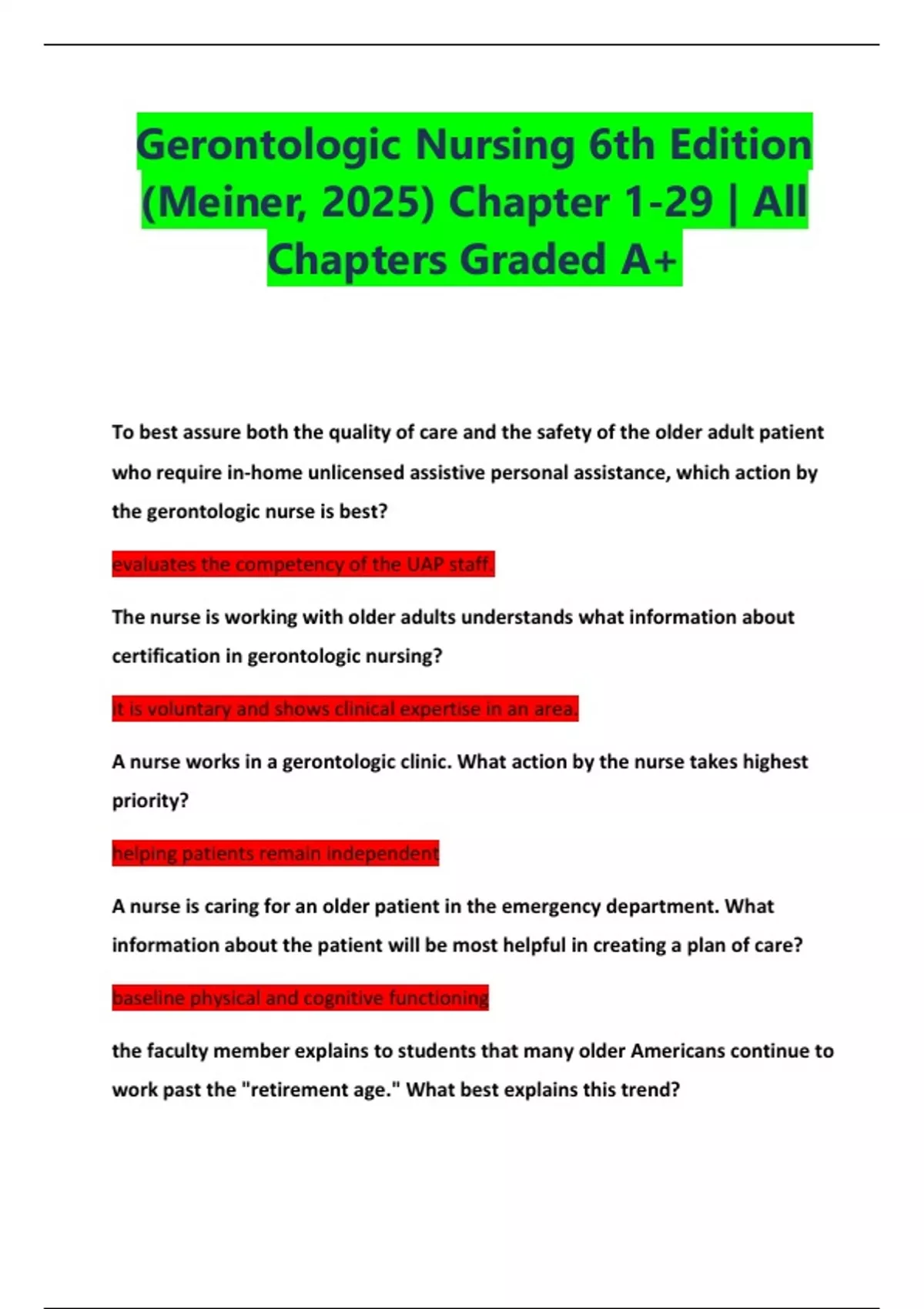 Gerontologic Nursing 6th Edition (Meiner, 2025) Chapter 1-29 | All ...