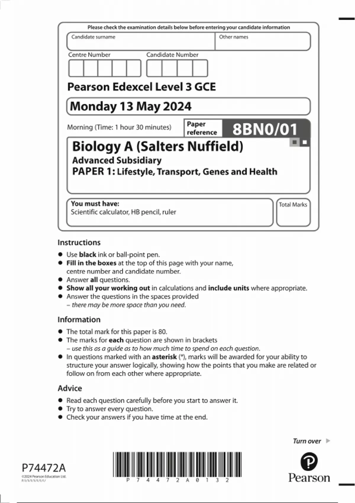 Pearson Edexcel AS Level GCE Biology A PAPER 1 2024 QUESTION PAPER ...