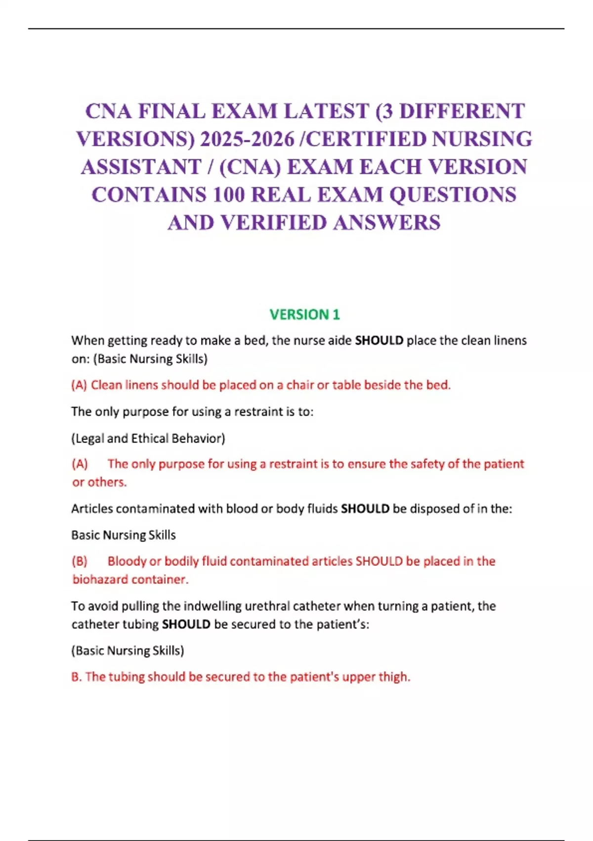 CNA FINAL EXAM LATEST (3 DIFFERENT VERSIONS) /CERTIFIED NURSING ...