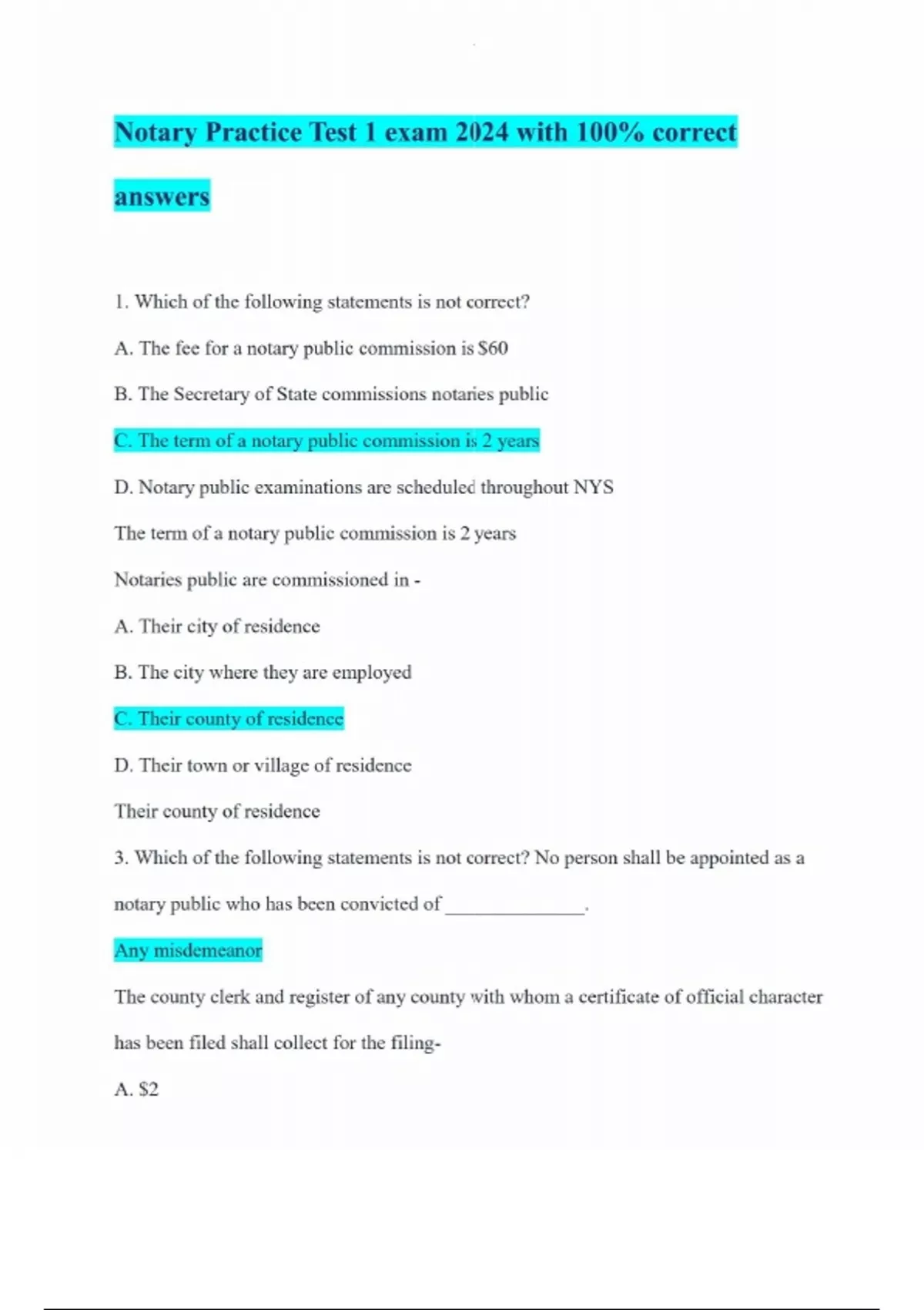Notary Practice Test 1 exam 2024 with 100% correct answers - Notary ...