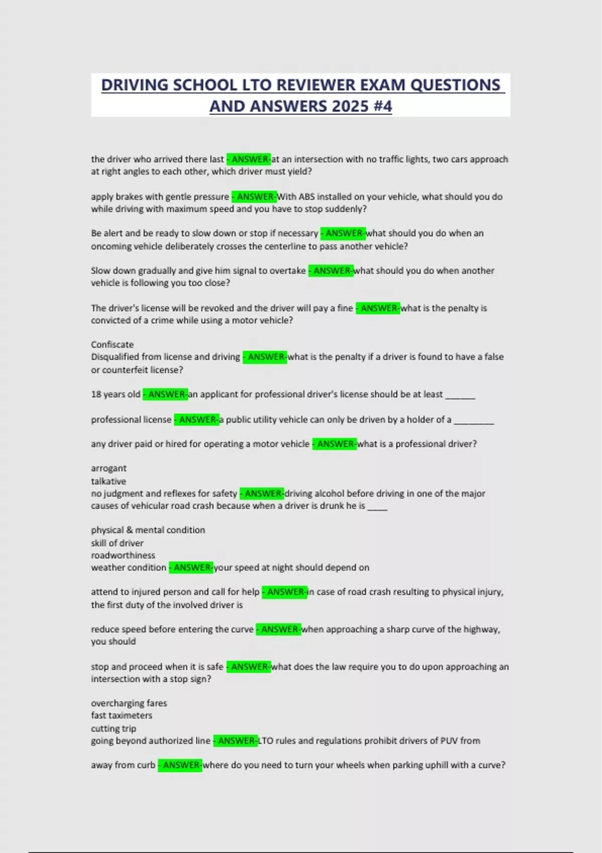 DRIVING SCHOOL LTO REVIEWER EXAM QUESTIONS AND ANSWERS 2025 #4 ...