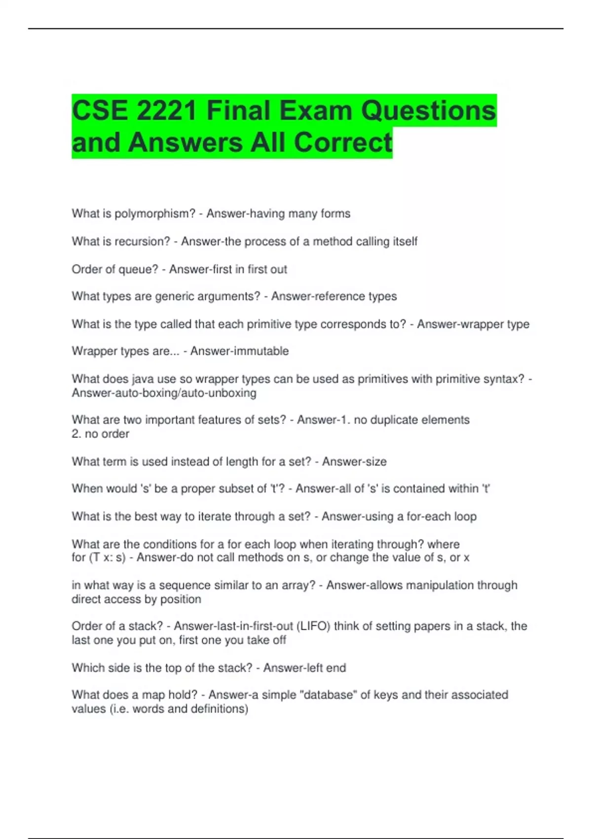 BUNDLE FOR CSE 2221 EXAM LATEST 2025 QUESTIONS WITH 100% SOLVED ...