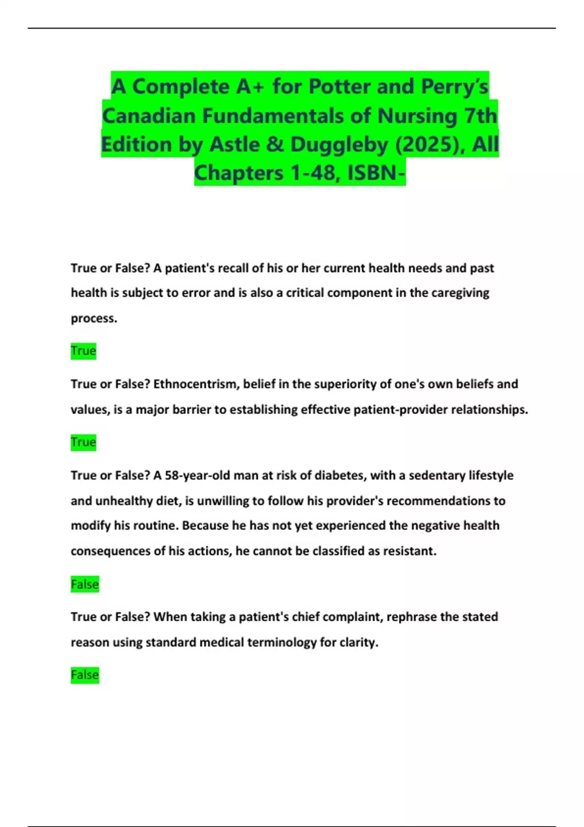 A Complete A+ for Potter and Perry’s Canadian Fundamentals of Nursing ...