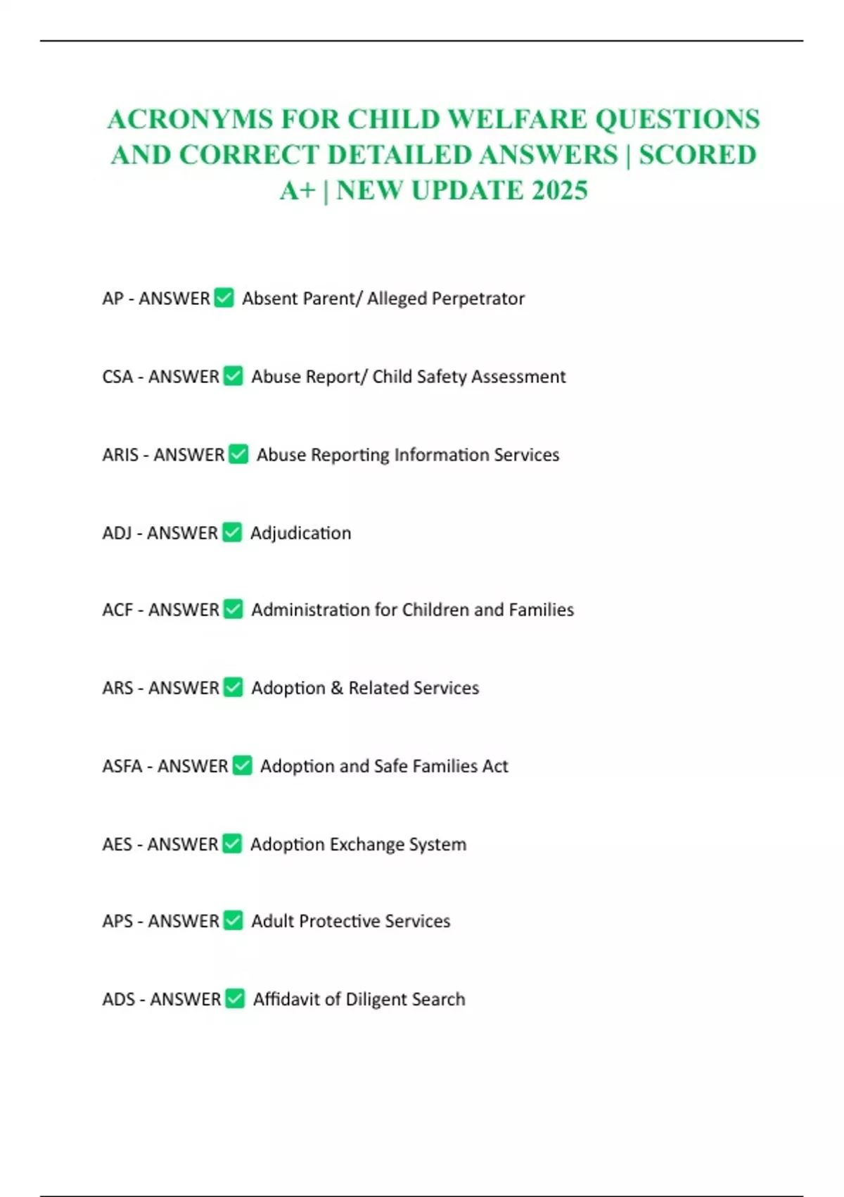 ACRONYMS FOR CHILD WELFARE QUESTIONS AND CORRECT DETAILED ANSWERS ...