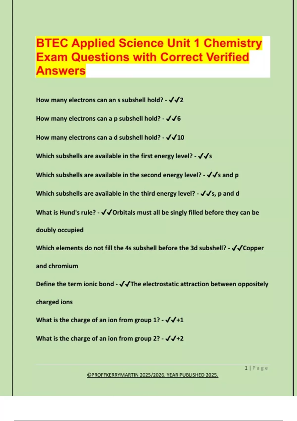 BTEC Applied Science Unit 1 Chemistry Exam Questions with Correct ...