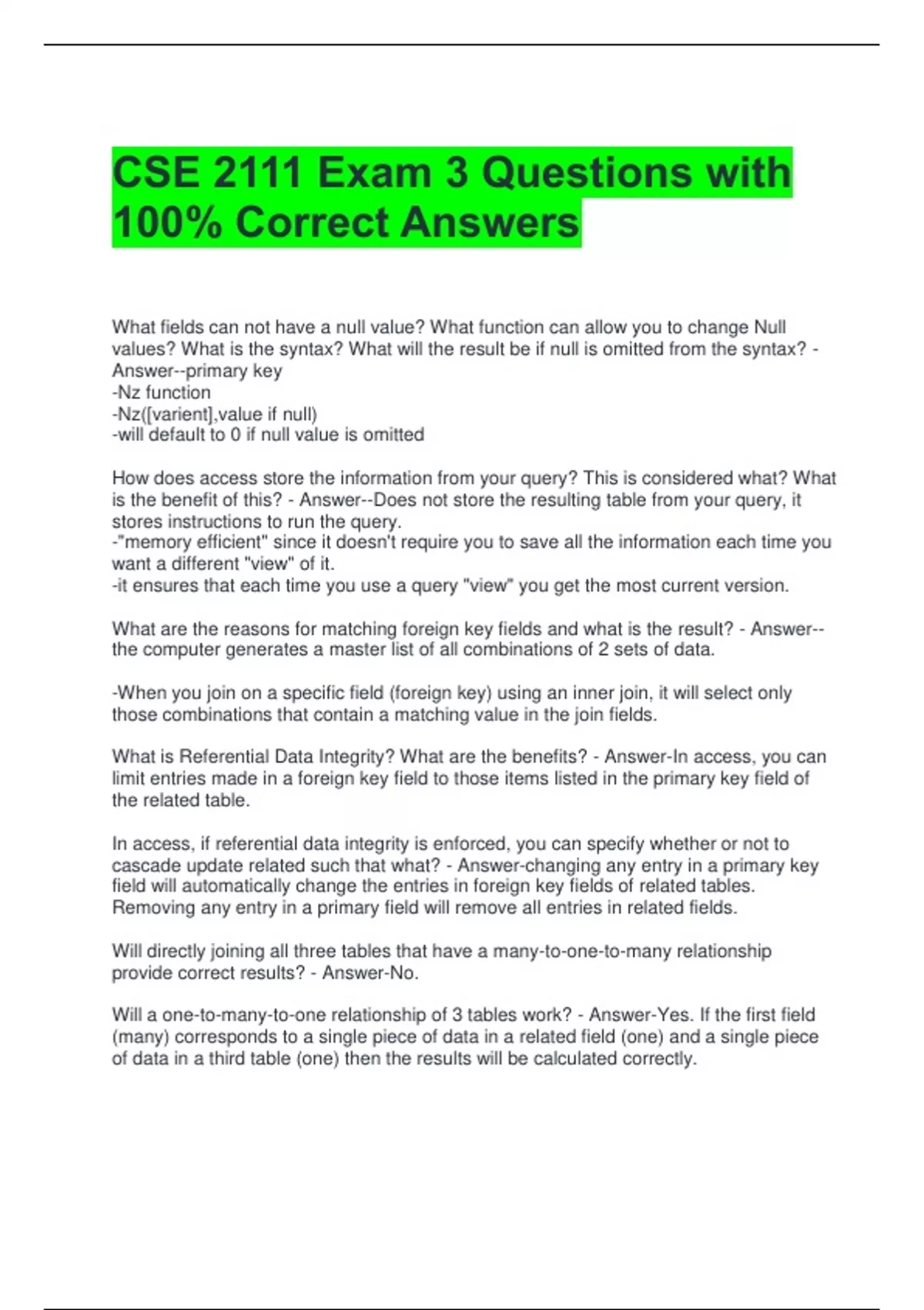 CSE 2111 Exam 3 Questions with 100% Correct Answers - CSE 2111 - Stuvia US