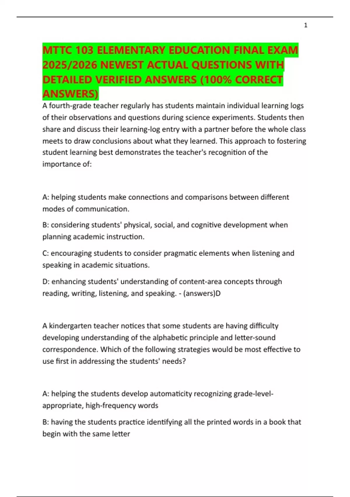 MTTC 103 ELEMENTARY EDUCATION FINAL EXAM 2025/2026 NEWEST ACTUAL ...