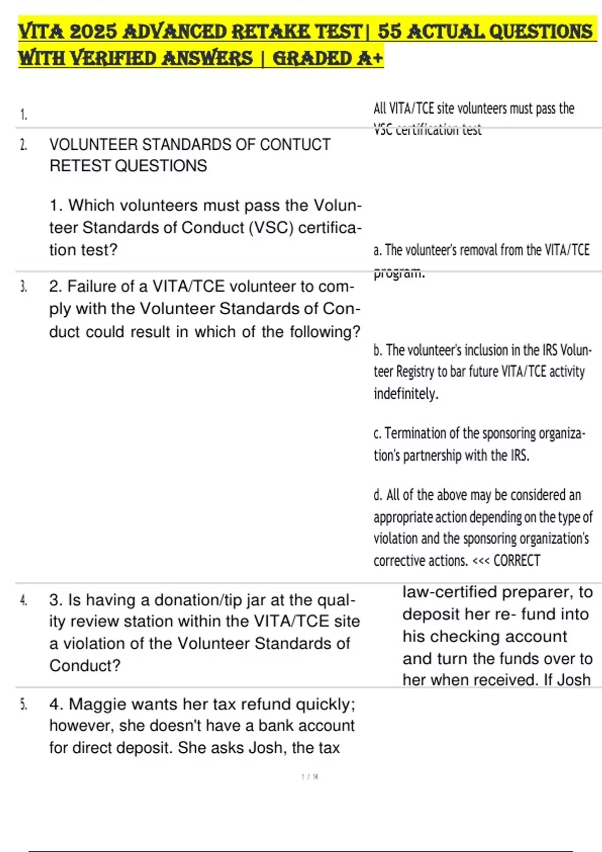VITA 2025 ADVANCED RETAKE TEST| 55 ACTUAL QUESTIONS WITH VERIFIED ...