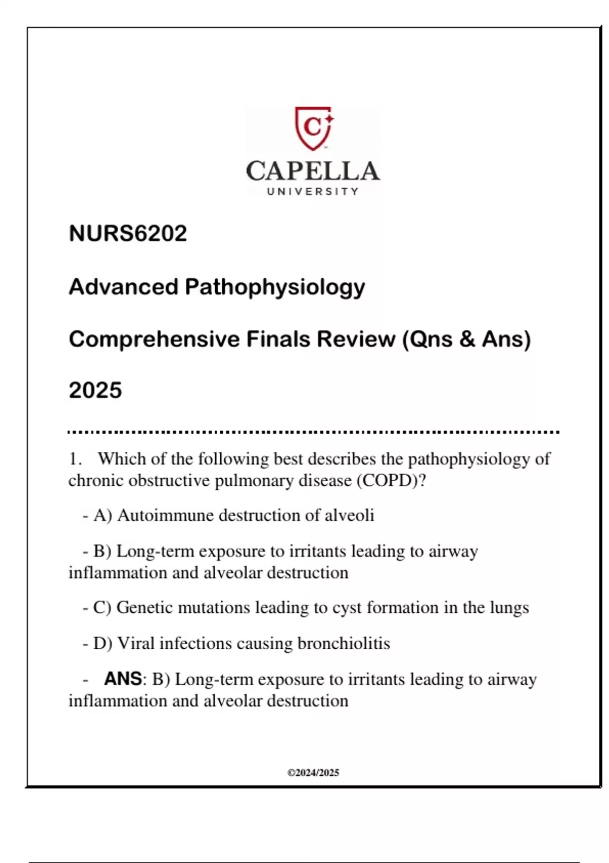 NURS6202 (Advanced Pathophysiology) Comprehensive Finals Review Qns & Ans 2025. - NURSING ...
