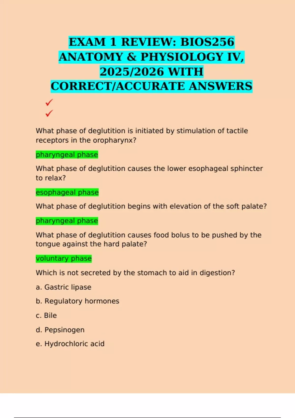 EXAM 1 REVIEW: BIOS256 ANATOMY & PHYSIOLOGY IV, 2025/2026 WITH CORRECT ...