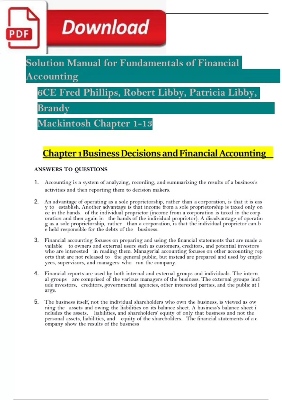 Solution Manual For Fundamentals of Financial Accounting, 6th Edition by Fred Phillips, Robert ...